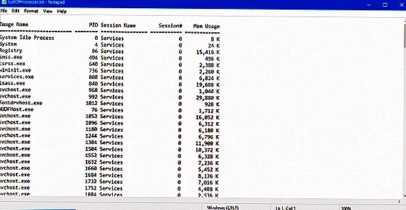 Как сохранить все процессы Windows в текстовый файл с помощью TaskList